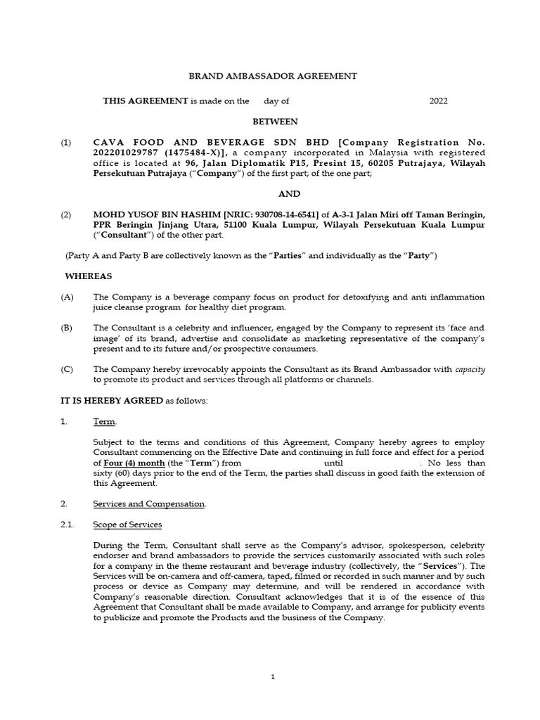 SECOND DRAFT_brand ambassador agreement | PDF | Trade Secret | Indemnity