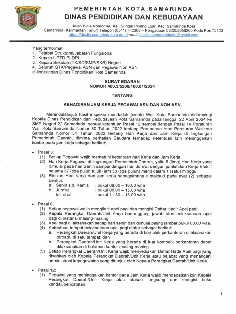 Edaran Kehadiran Jam Kerja Pegawai Asn Dan Non Asn 2024 | PDF
