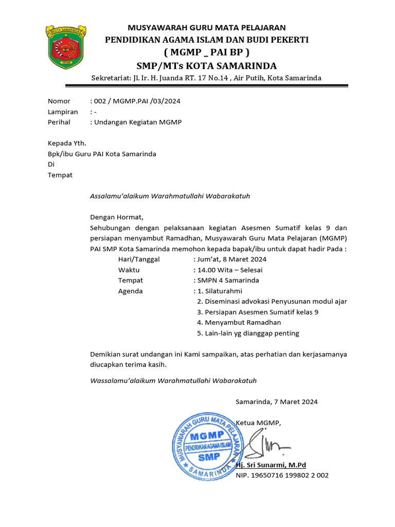 Undangan MGMP PAI 8 Maret 2024 | PDF