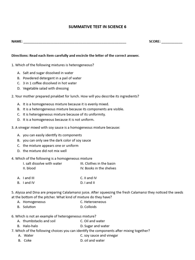 SUMMATIVE TEST IN SCIENCE 6 | PDF | Mixture | Physical Sciences