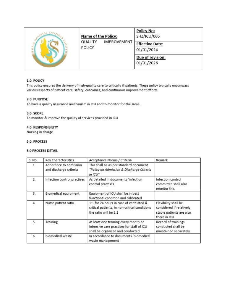 Quality Improvement Protocol | Download Free PDF | Intensive Care Unit ...