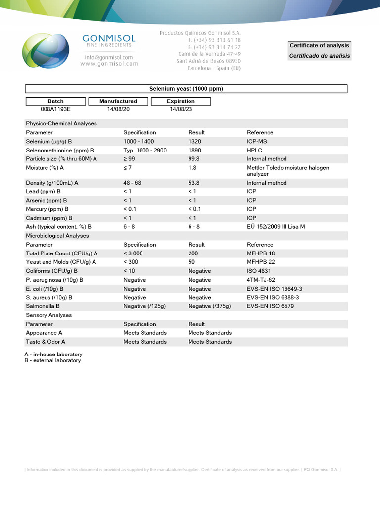 14 Selenium Yeast (1000 PPM) (CoA) - Batch 008A1193E | PDF | Selenium