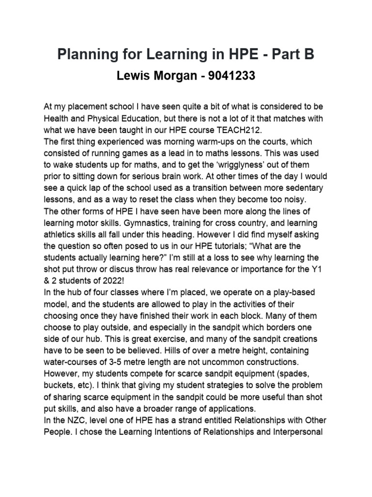 Planning For Learning in HPE - Part B Lewis Morgan - 9041233 | PDF ...