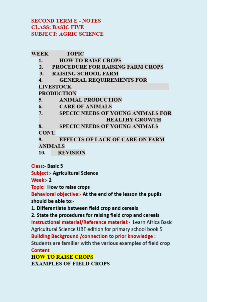 Agric Science 5 (2nd Term) | PDF | Cereals | Crops
