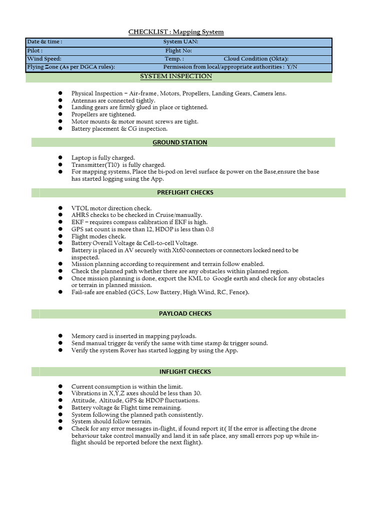 Mapping System CHECKLIST | PDF | Unmanned Aerial Vehicle | Aviation