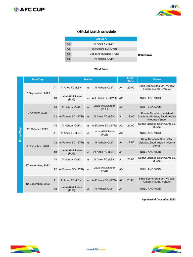 AFC Cup 2023 24 - Group Stage Match Schedule As of 11 Dec 2023 | PDF ...