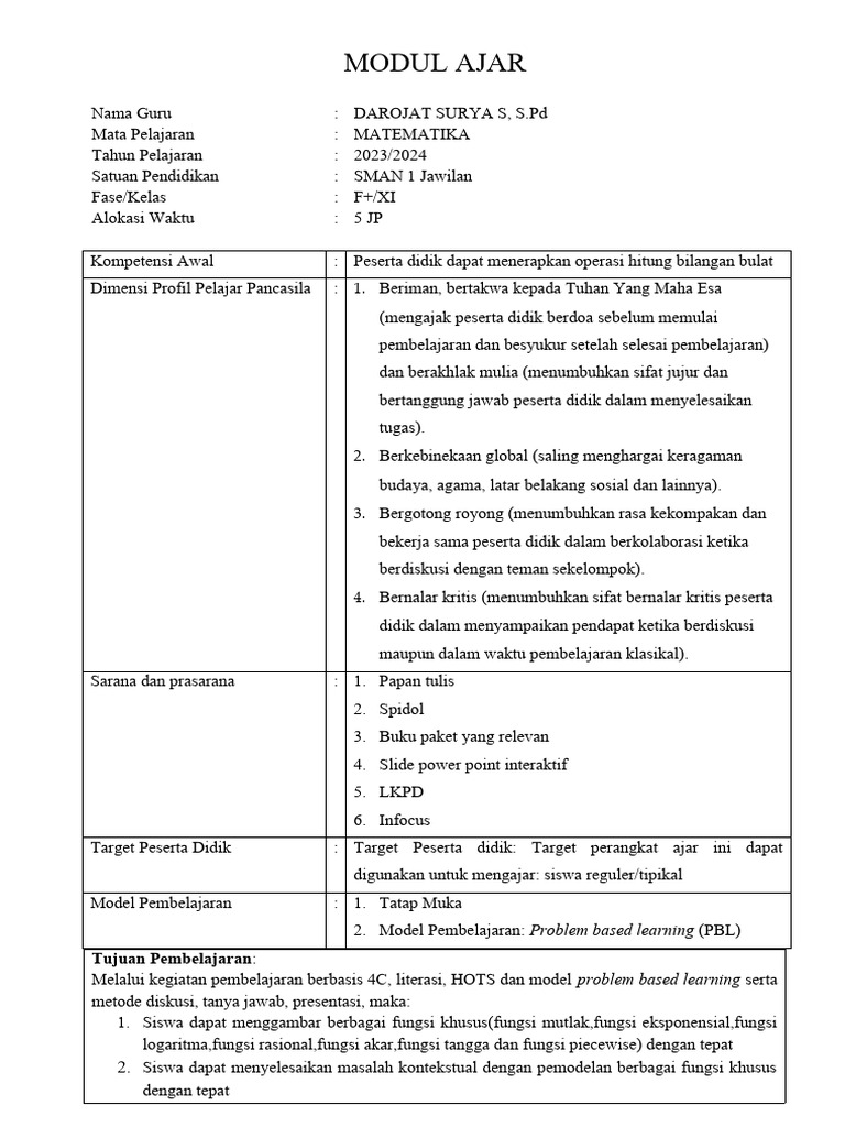 MODUL AJAR FUNGSI LOGARITMA | PDF