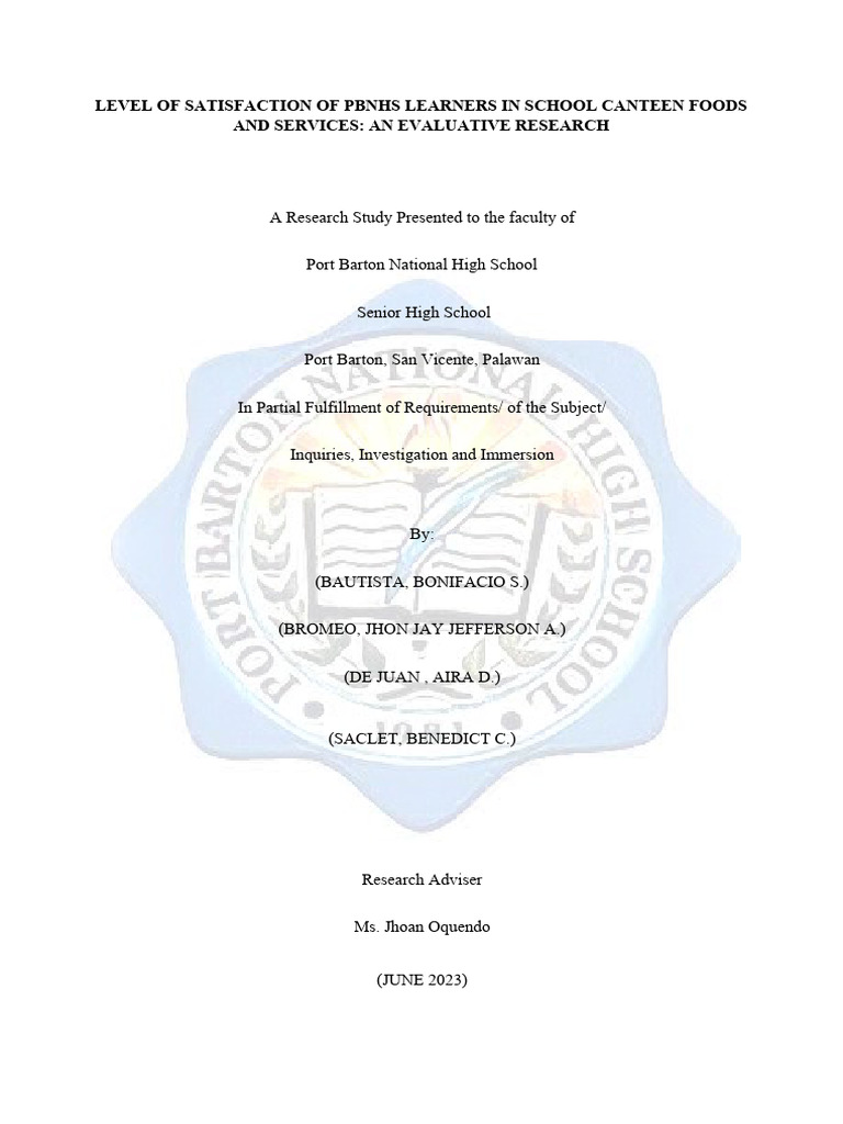 Level of Satisfaction of PBNHS Learners in School Canteen Foods and ...