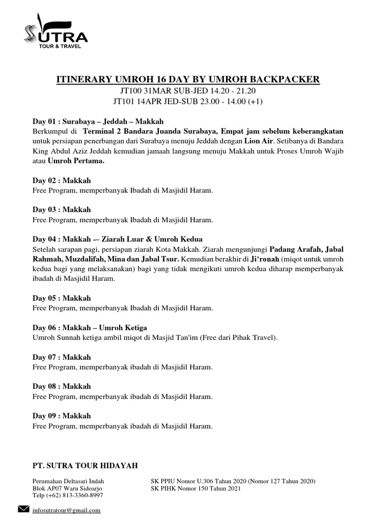 Itinerary Umrah 16 Hari Sutra Tour | PDF | Perjalanan