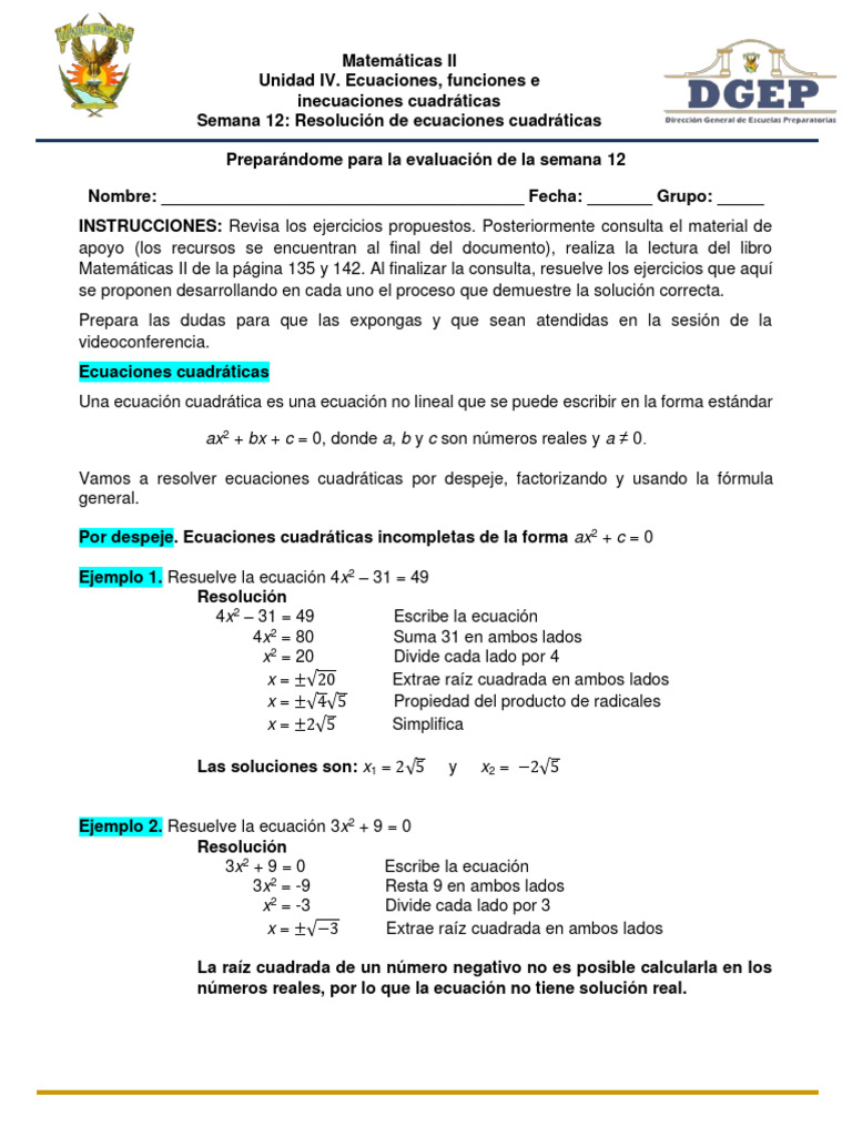 Semana 12 - Ejercicios - Matemáticas II | PDF | Ecuaciones | Factorización