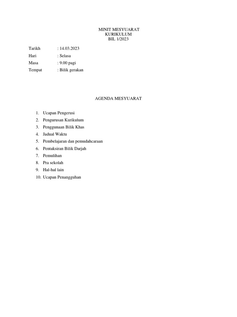 Minit Mesyuarat Kurikulum SKBP Bil 1 2023 | PDF