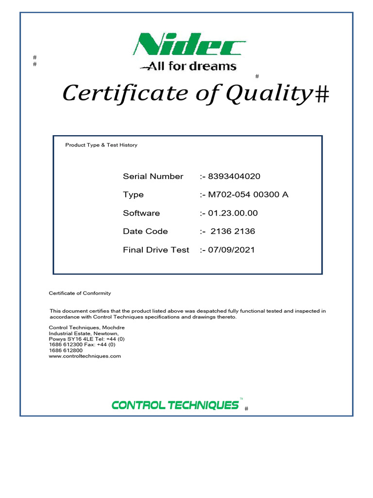 Quality Certificate for M702-054 00300 A | PDF