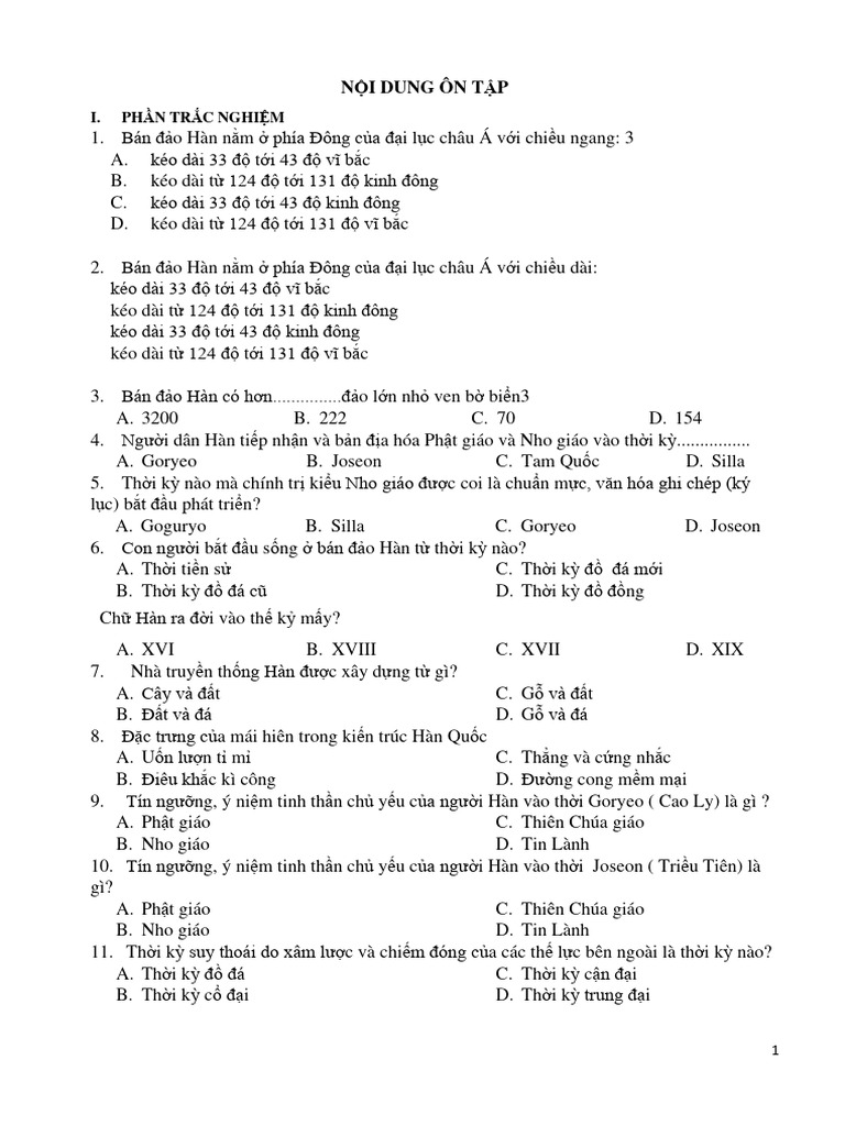 180 Câu Hoi Ôn Tâp Lich Su Han Quoc - Lop 21ddp1a | PDF