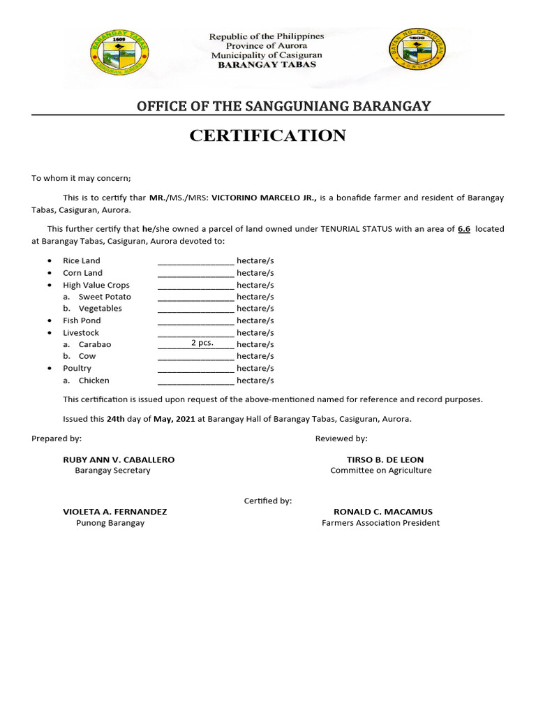 Barangay Certification for Farmer | PDF | Cooking, Food & Wine | Technology & Engineering