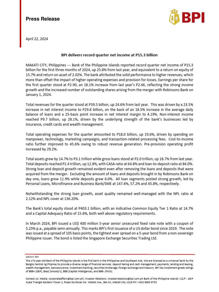 BPI 1Q 2024 Earnings Announcement | PDF | Bond Credit Rating | Bonds ...