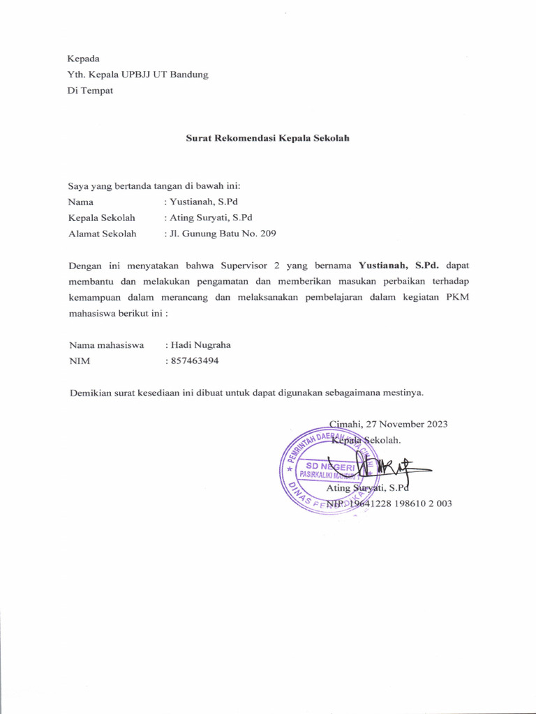 Surat Rekomendasi - Hadi Nugraha | PDF Surat Rekomendasi - Hadi Nugraha | PDF