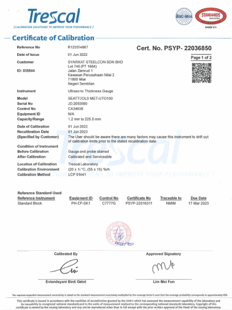 UTTG Calibration Cert | PDF