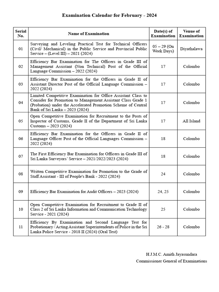 February 2024 Examination Calendar | PDF | Inspector | Law Enforcement
