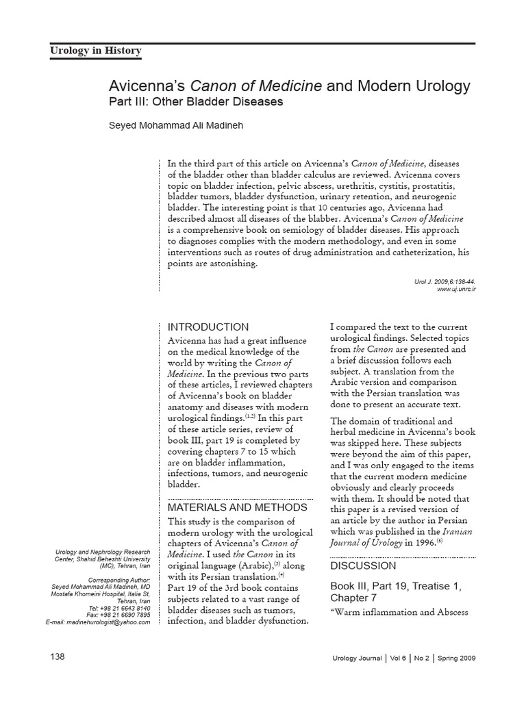 Avicenna's Canon of Medicine and Modern Urology: Part III: Other Bladder Diseases | PDF ...
