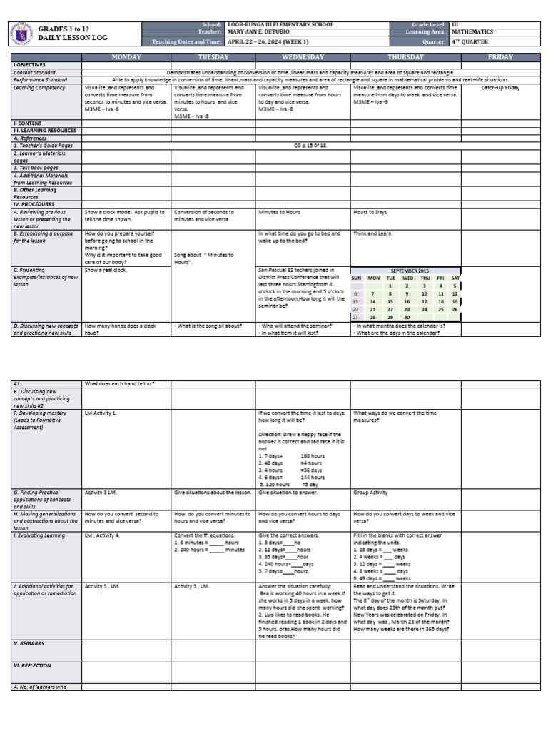 DLL - Mathematics 3 - Q4 - W1 | PDF | Learning | Teachers