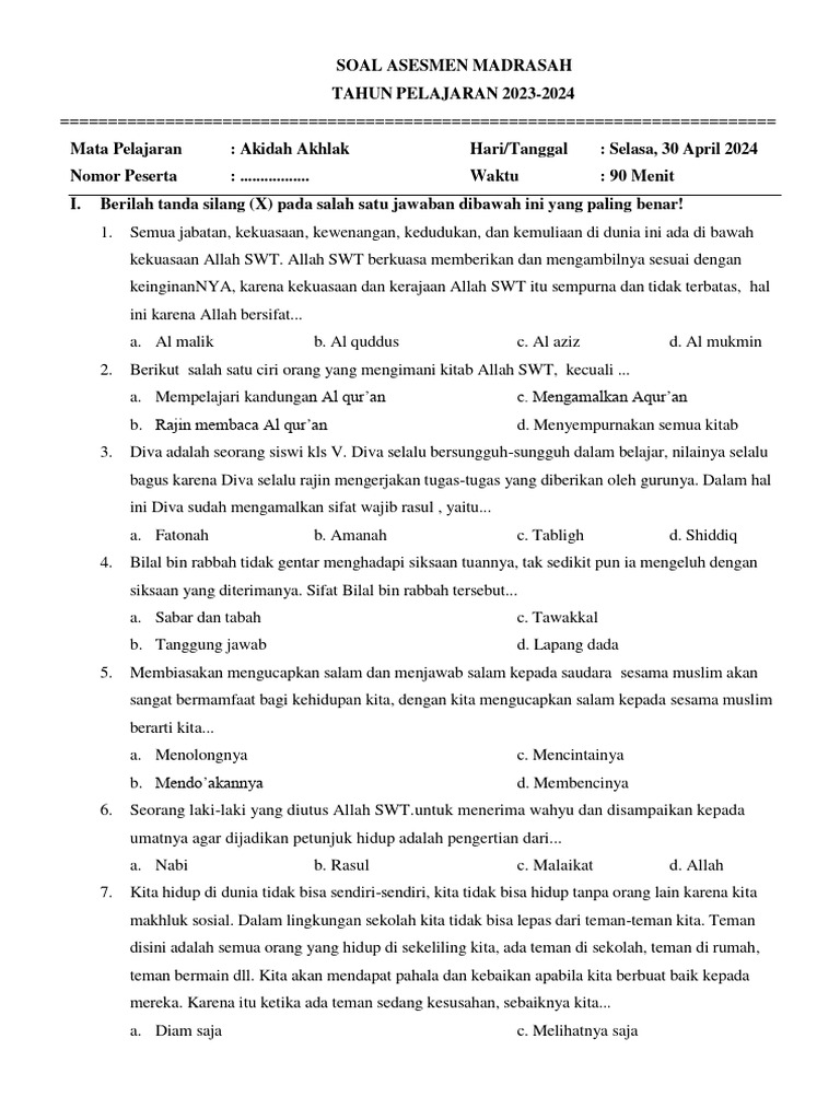 Soal Am Akidah Akhlak 2024 | PDF