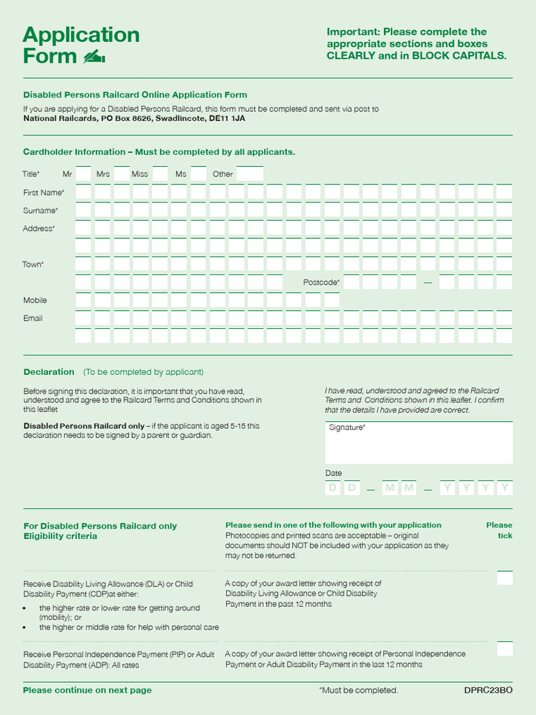 Online Disabled Persons Railcard Form - Print at Home - Oct 2023 | PDF