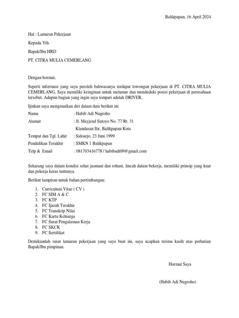 Lamaran PT. CMC | PDF