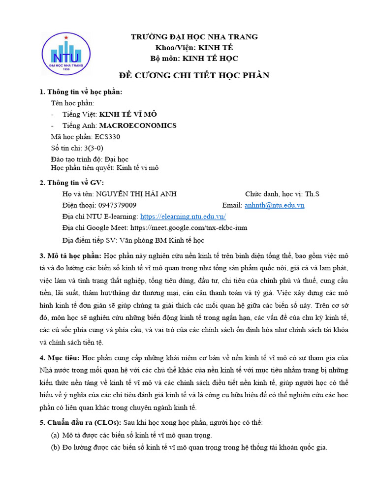 De Cuong Chi Tiet Hoc Phan Kinh Te Vi Mo2021 | PDF