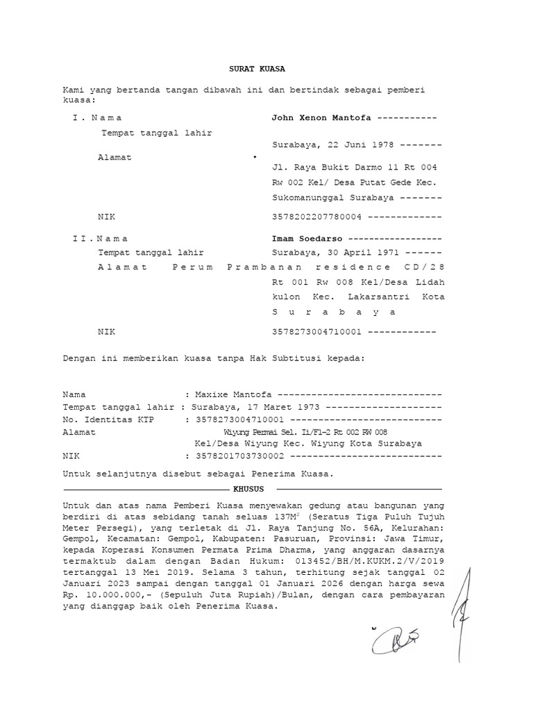 Surat Kuasa Sewa Bangunan Maxixe | PDF