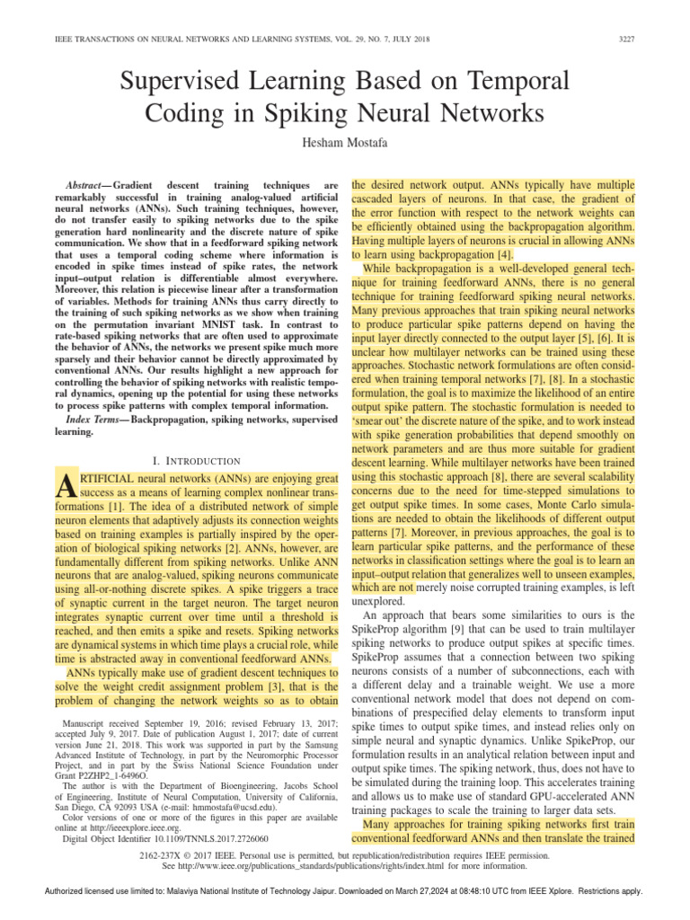 Supervised Learning Based On Temporal Coding In Spiking Neural Networks Pdf Artificial