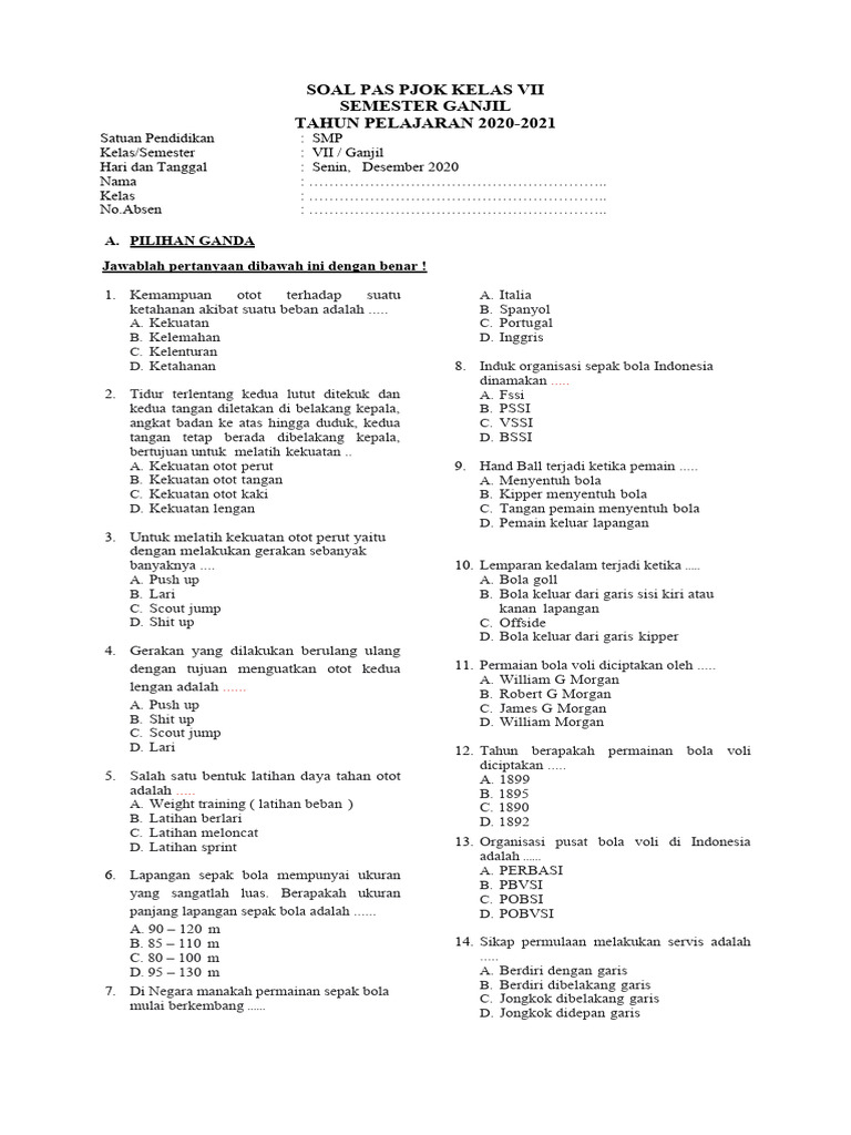 Soal Pas Pjok Kelas Vii Ganjil 2020-2021 | PDF