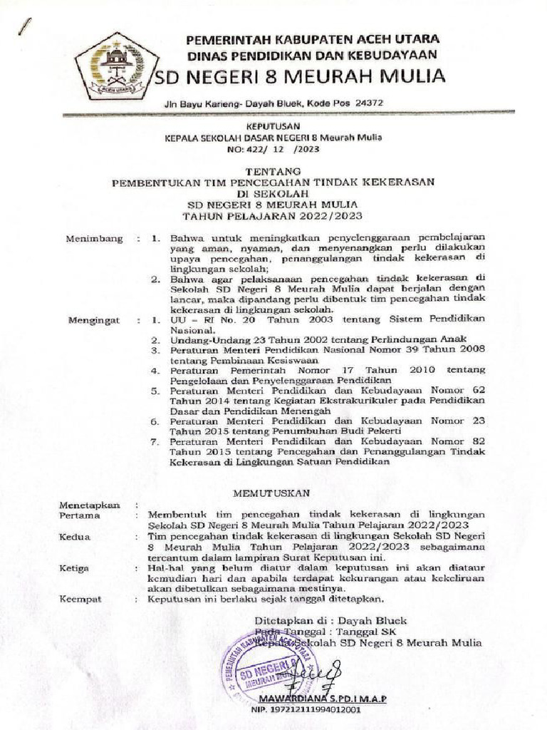 SK Tim Pencegahan Dan Penanganan Kekerasan (TPPK) | PDF