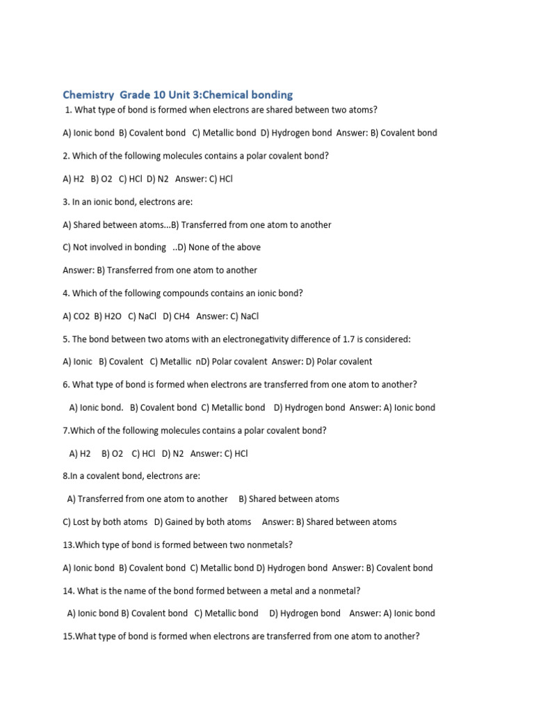 Chemistry Grade 10 Unit 3 | PDF | Chemical Bond | Ionic Bonding
