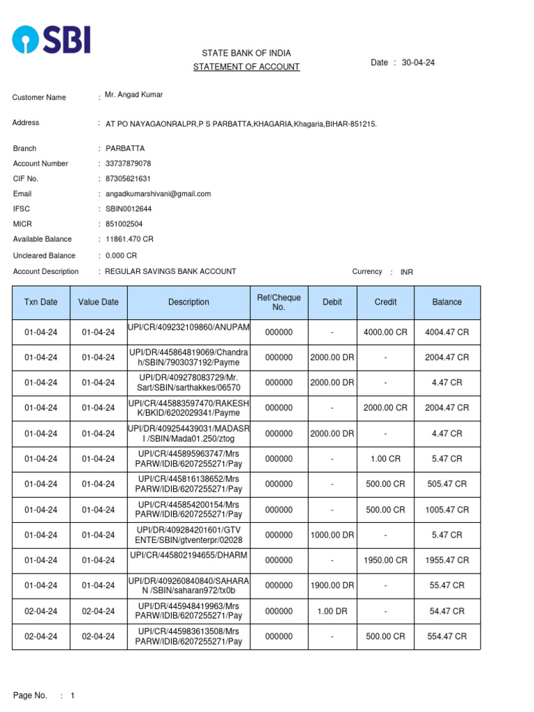 SBI Account Statement Summary | PDF | Debits And Credits | Banks