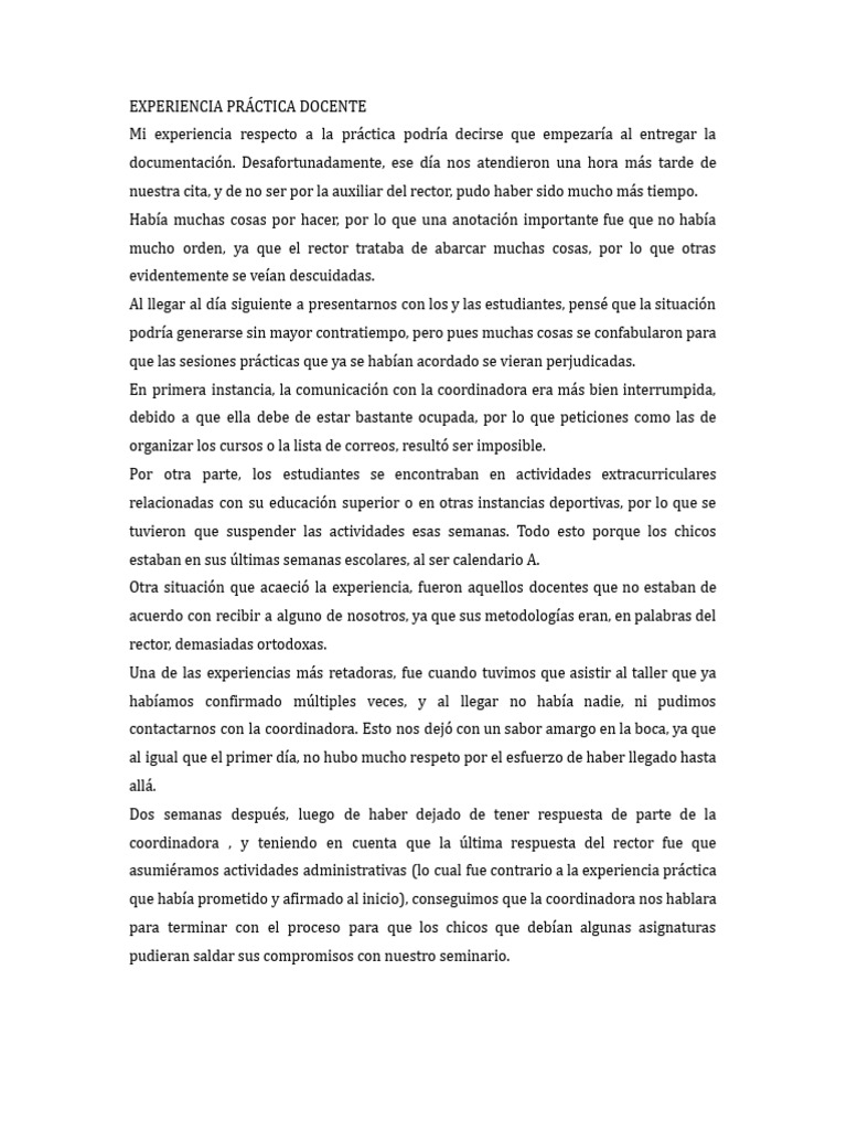 Relato Experiencia Práctica Docente PDF | PDF Relato Experiencia Práctica Docente PDF | PDF