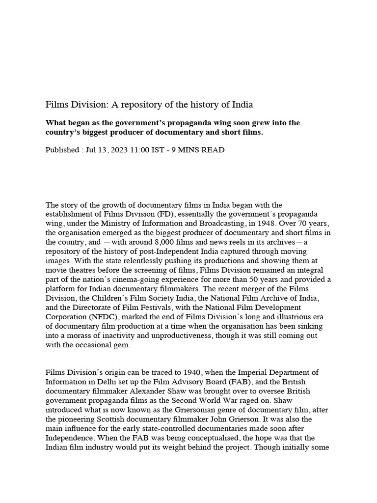 Films Division - A Repository of History of India | PDF | Documentary Film