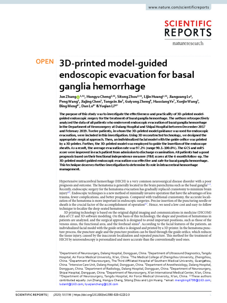3d Printed Model Guided Endoscopic Evacuation For Basal 28w0p0lg37 | PDF | Surgery | Ct Scan