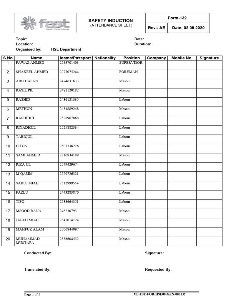 Form-132-Safety Induction Attendance Sheet 6 PSC | PDF