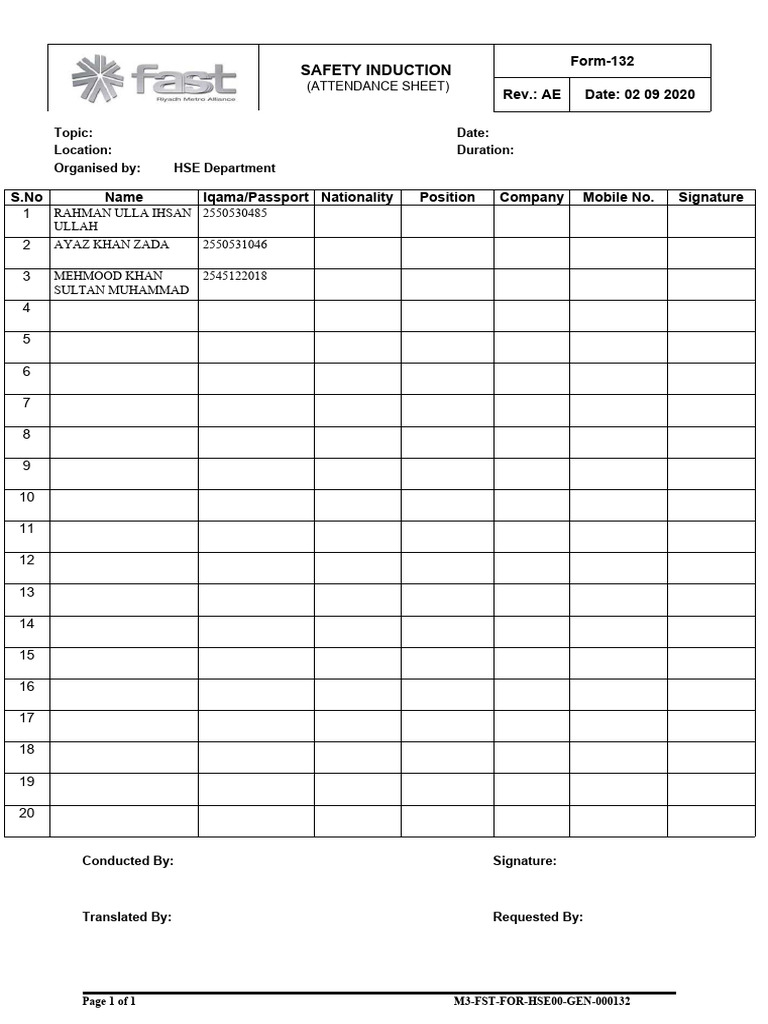 Form-132-Safety Induction Attendance Sheet BARROQ 2 | PDF