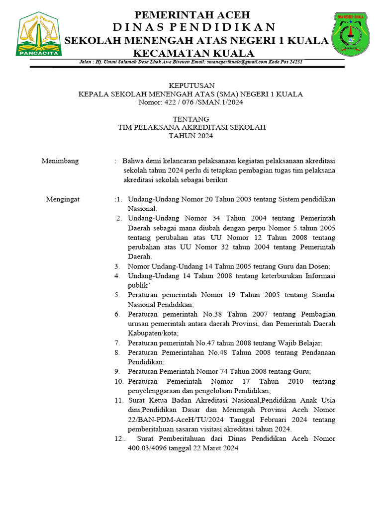 SK Tim Pelaksana Akreditasi Sekolah 2024 | PDF