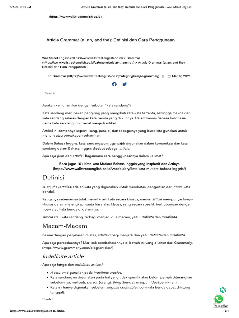 Article Grammar Definisi Dan Cara Penggunaan | PDF