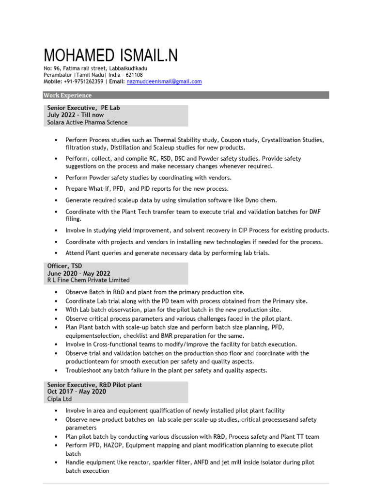 Ismail Resume - Chemical B.Tech | PDF | Secondary Sector Of The Economy ...