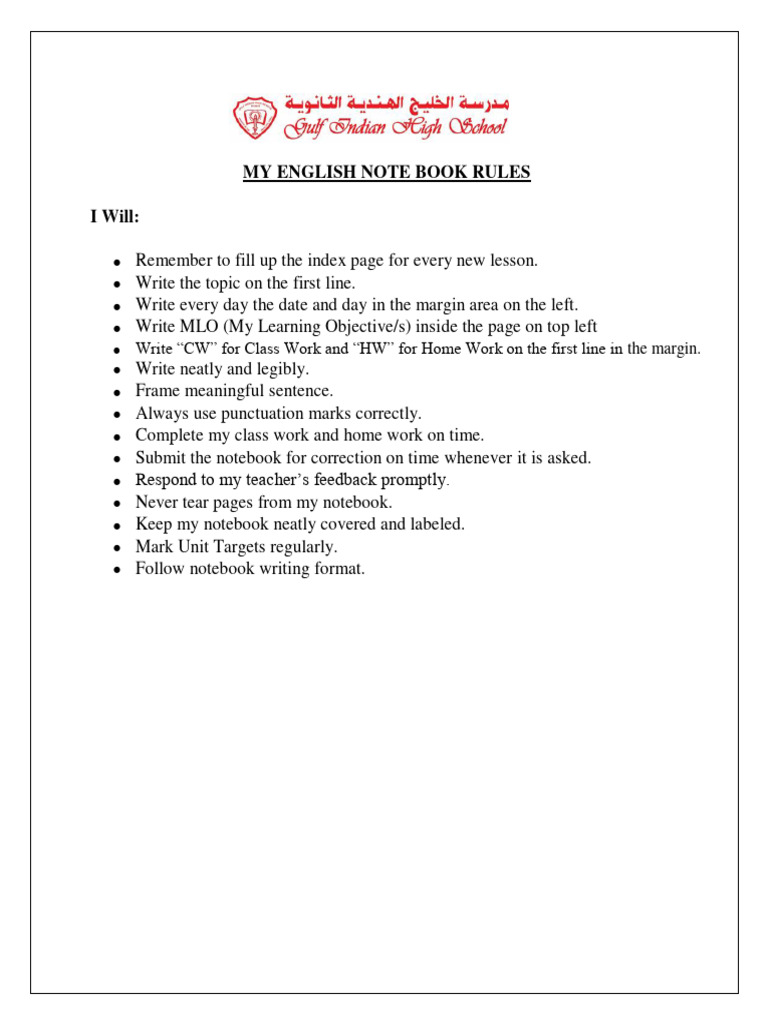 English Notebook Rules for Students | PDF