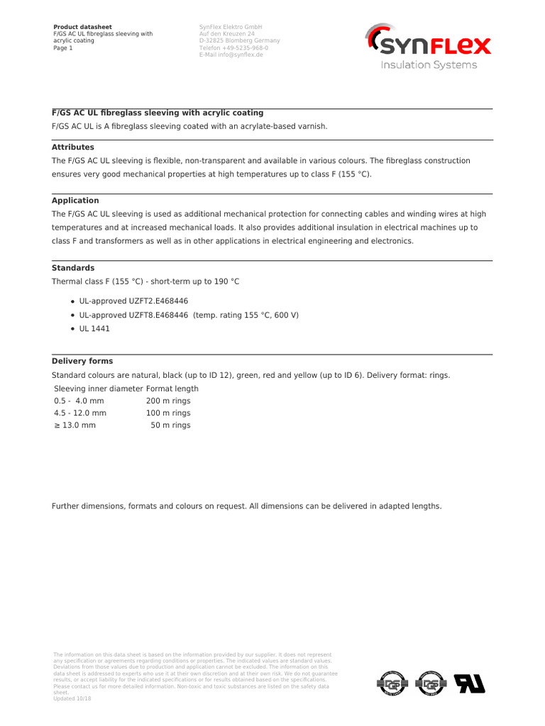 F Gs Ac Ul Fibreglass Sleeving With Acrylic Coating - Datasheet | PDF | Engineering Tolerance ...