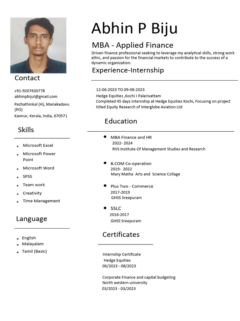 Abhin P Biju Resume | PDF | Career & Growth | Business