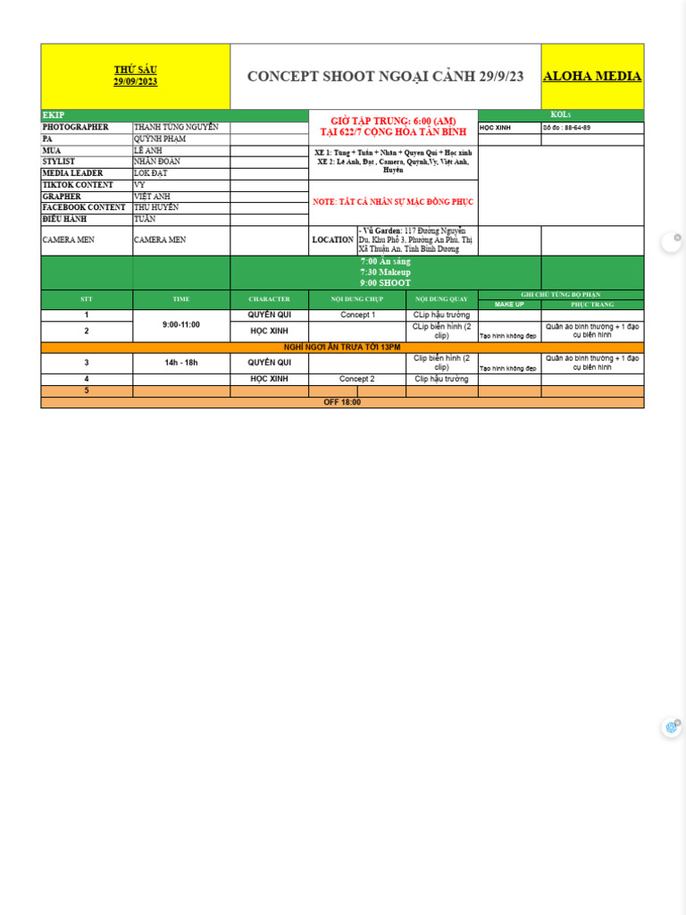 Timeline Sản Xuất Ngày Shoot 29 - 9 Ngoại Cảnh - Google Trang Tính | PDF