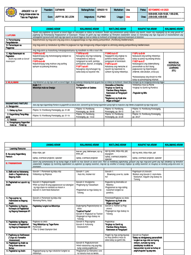 1 DLL IN FILIPINO 10. Aralin 1.1 | PDF