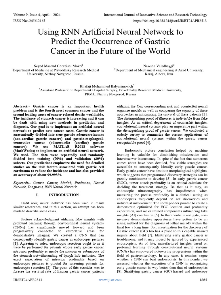 Using RNN Artificial Neural Network to Predict the Occurrence of Gastric Cancer in the Future of ...