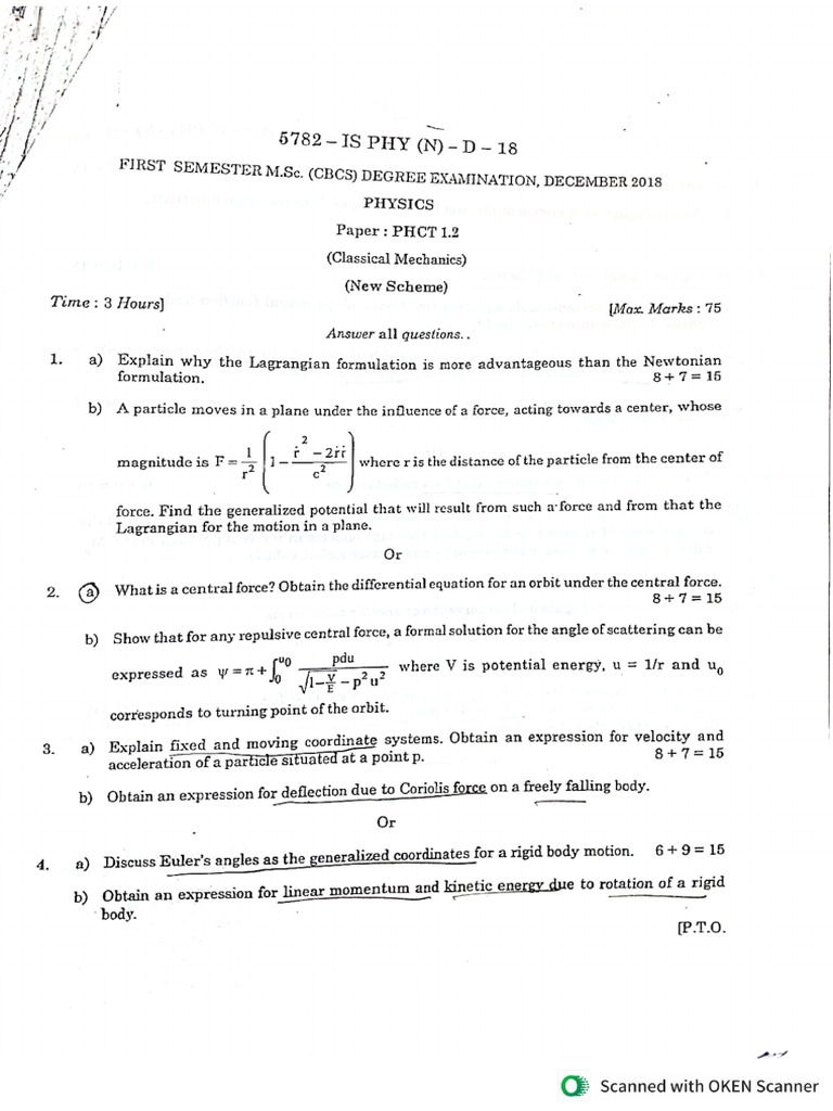 Classical Mechanics Question Papers-1 | PDF