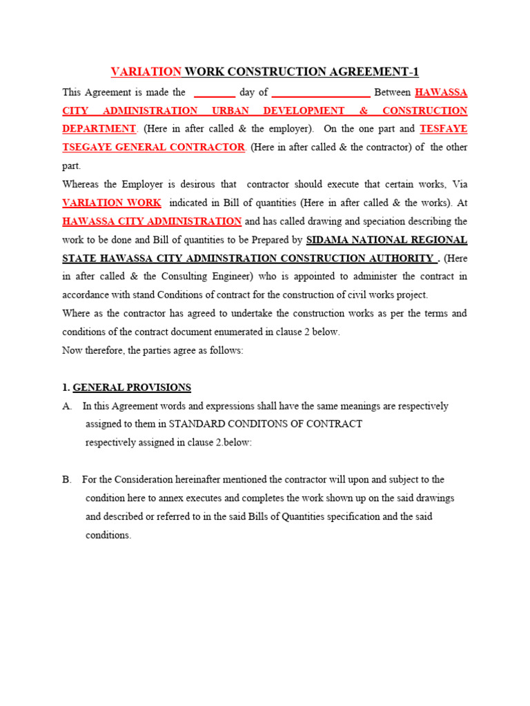 Varation Construction Agreement | PDF | Employment | General Contractor